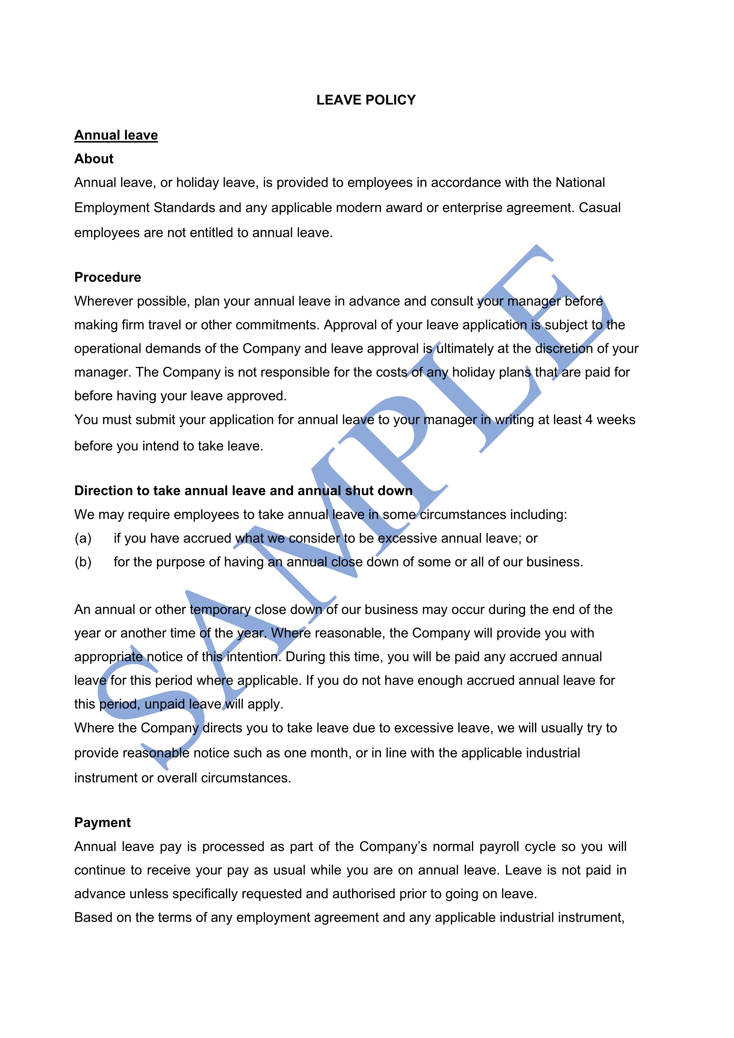 Leave Policy Free Template Sample Lawpath